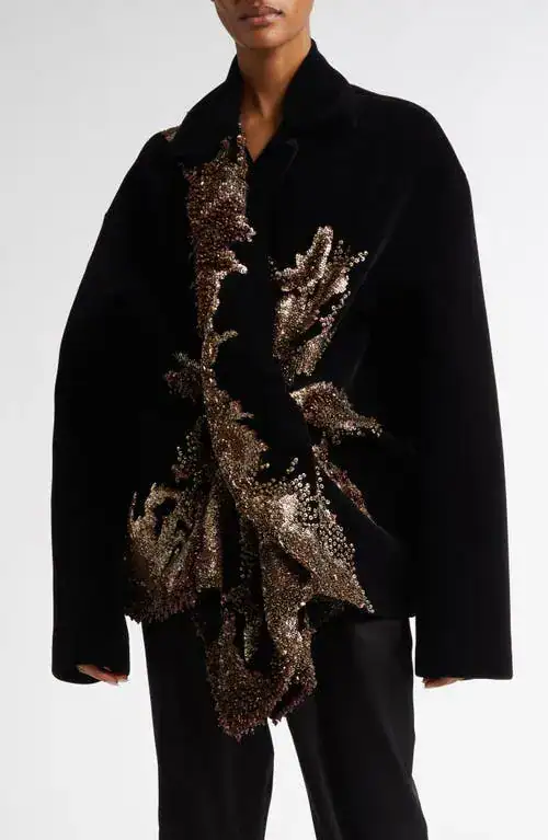 Dries Van Noten Drape Sequin Embellished Velvet Jacket In Black